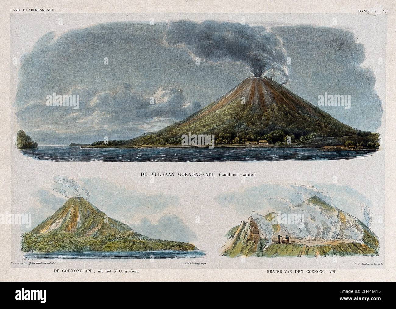 Merapi volcano, Java: three views. Lithographs by W.J. Gordon after P ...