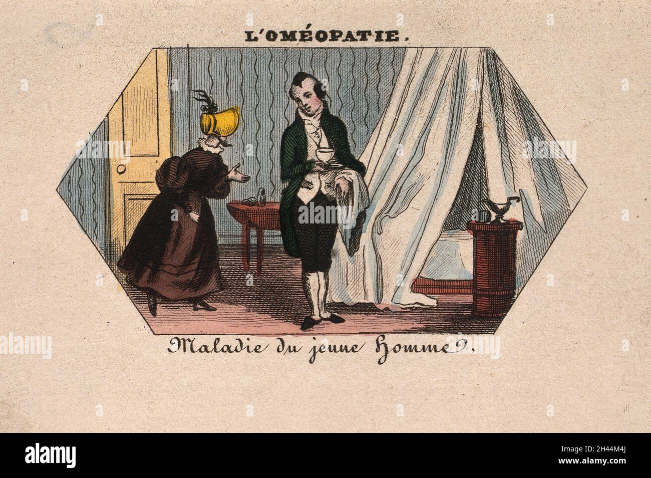 A young homoeopath takes a cup to a sick young man hidden in his bed ...