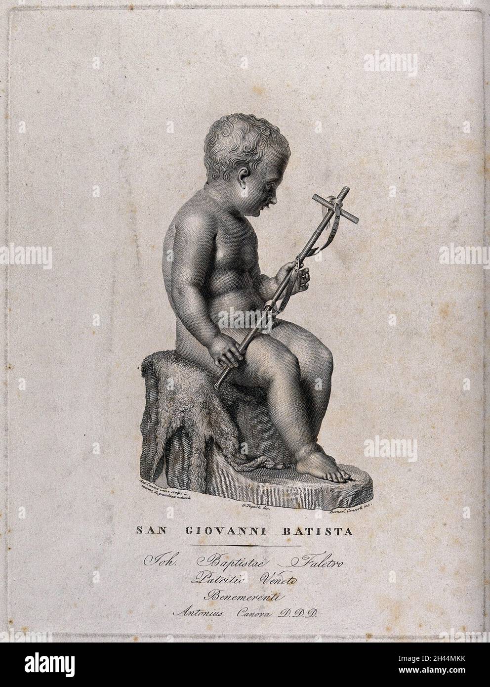 Saint John the Baptist as a child, seated, holding a cross. Engraving ...