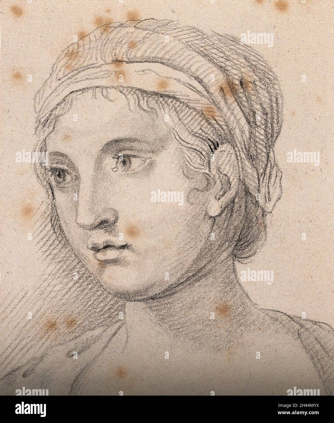 Head of a woman in a state of attention and astonishment. Drawing, c ...
