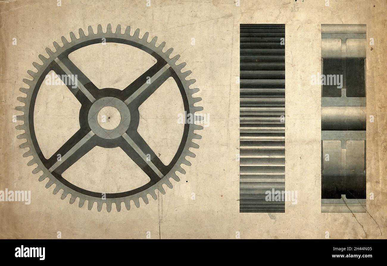 Engineering: a large cogwheel, front and side elevations. Coloured ...