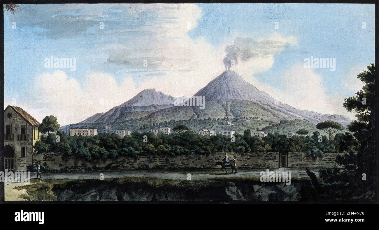 Mount Vesuvius from the sea shore above Resina. Coloured etching by ...