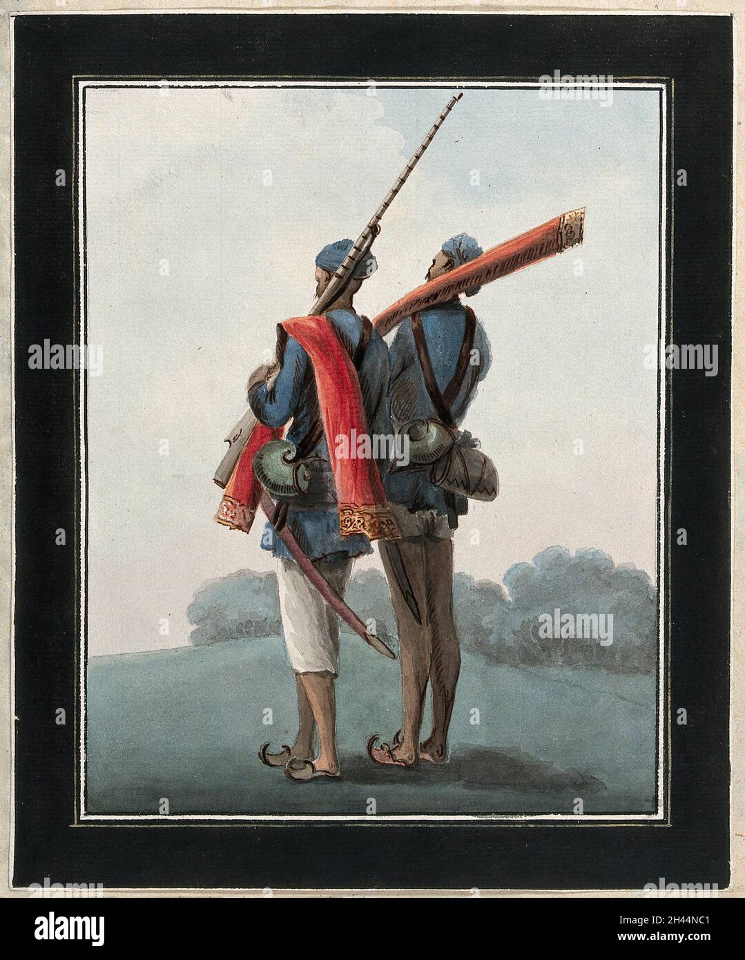 Two sepoys (native soldiers) holding rifles and swords. Gouache ...
