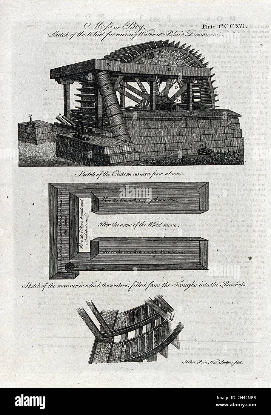 A water-wheel, cistern and detail of water-wheel for raising water at ...
