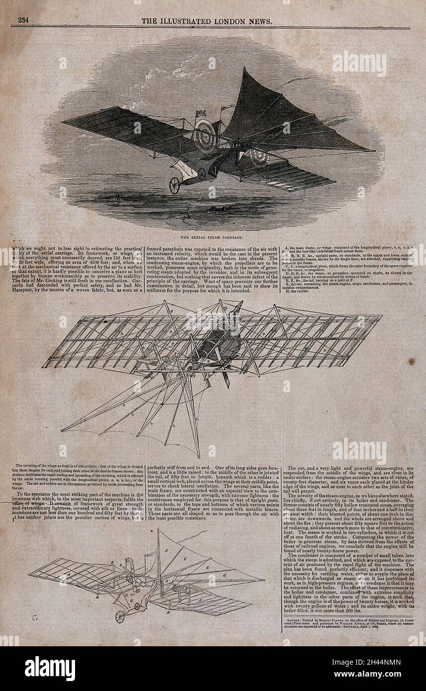 A flying contraption with large wings travels over the water. Wood ...