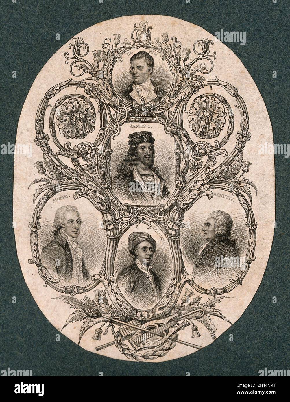 King James I and VI, with four Scottish writers: Robert Burns, John ...