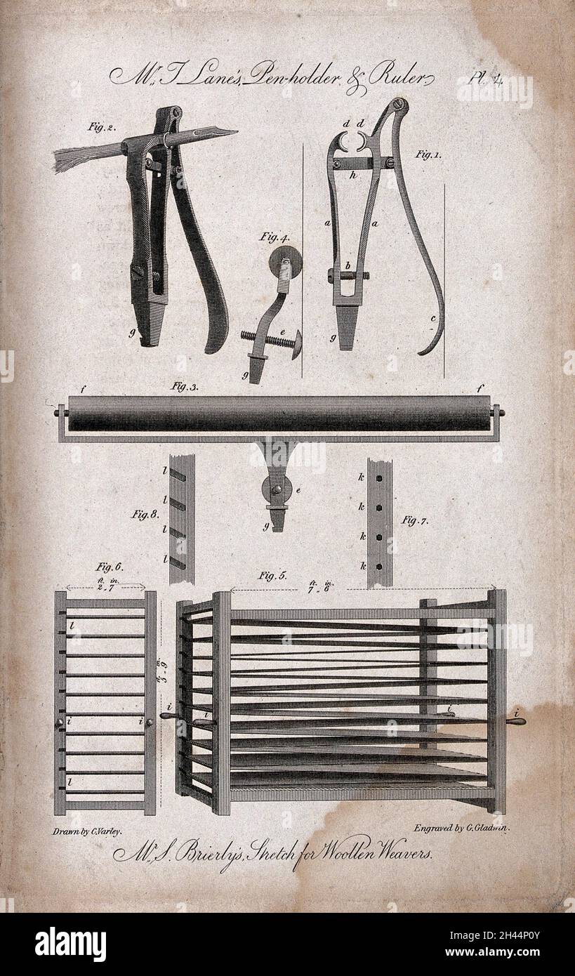 Textiles: a spring pen-holder and parallel rule (above), a rack for ...