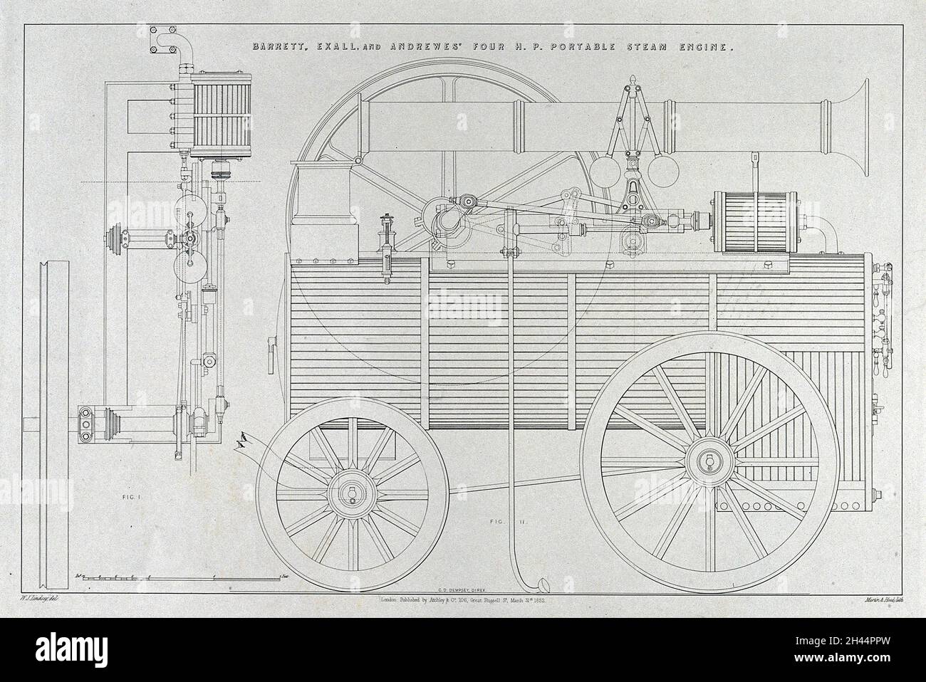 Engineering: a portable (wheeled) steam engine. Lithograph by Martin ...