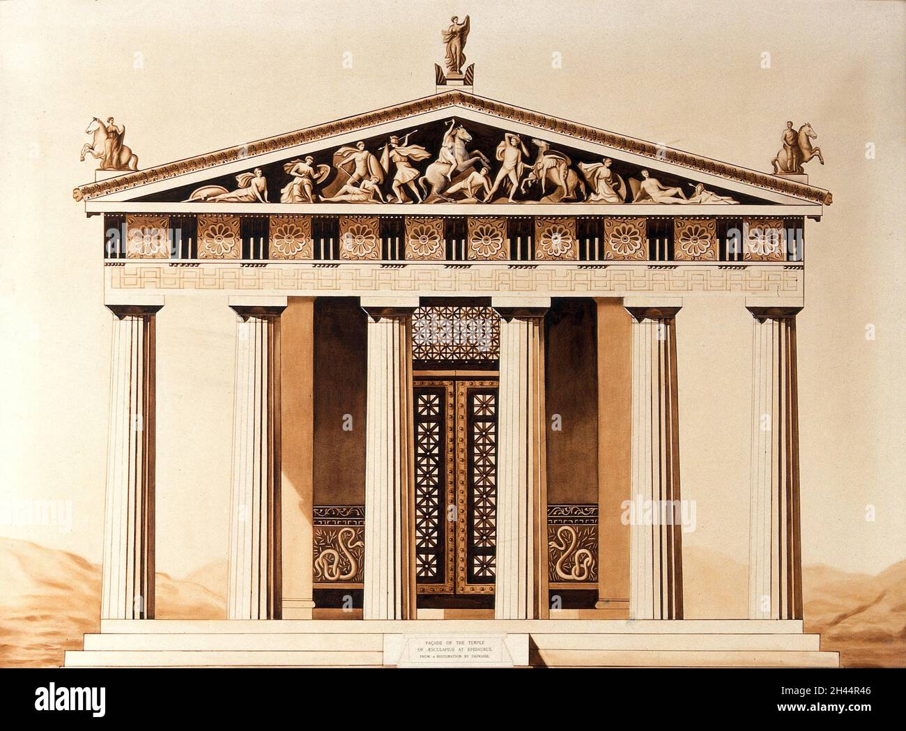 The temple of Aesculapius at Epidaurus: the portico. Watercolour after ...