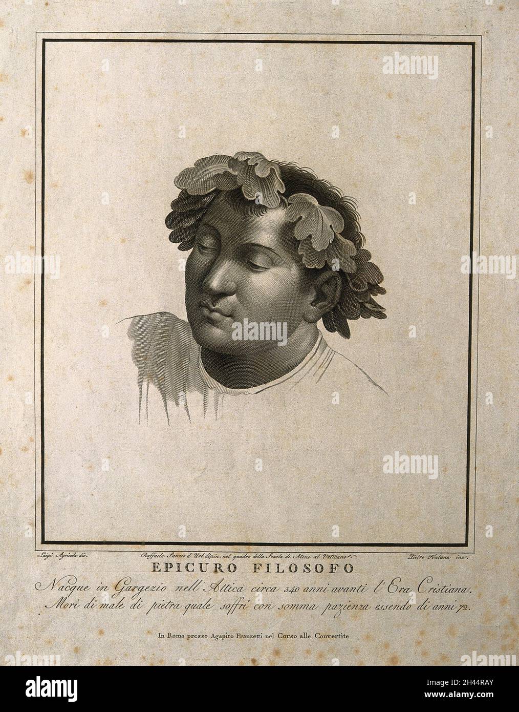Epicurus. Line engraving by P. Fontana after Raphael Stock Photo - Alamy