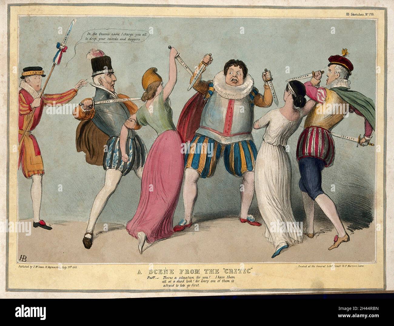 Daniel O'Connell in theatrical costume defends himself with two daggers ...