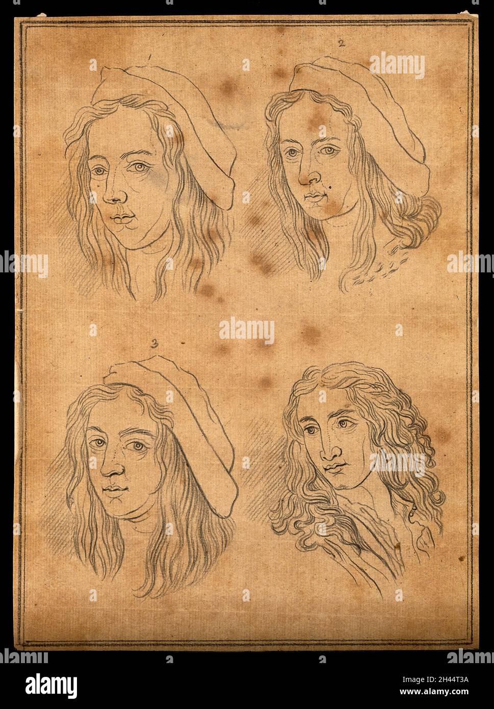 Four diverging copies of a head by Raphael. Drawing, c. 1791, after ...