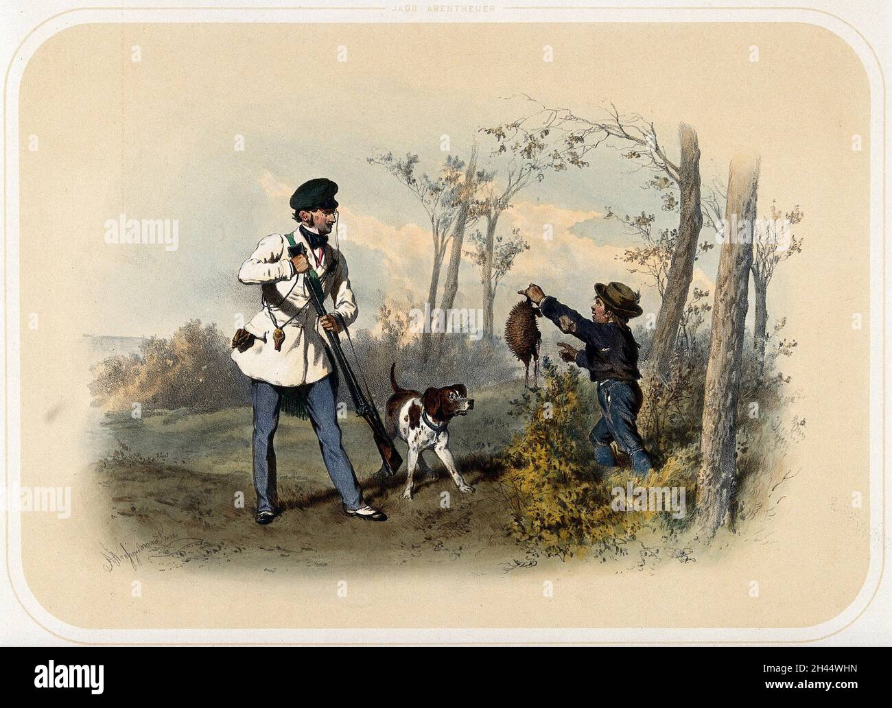 A well-dressed huntsman is accosted by a ragged boy proffering a ...