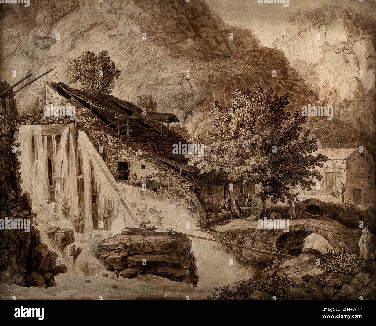 A waterfall in Amalfi, driving a wheel outside an iron-works or iron ...