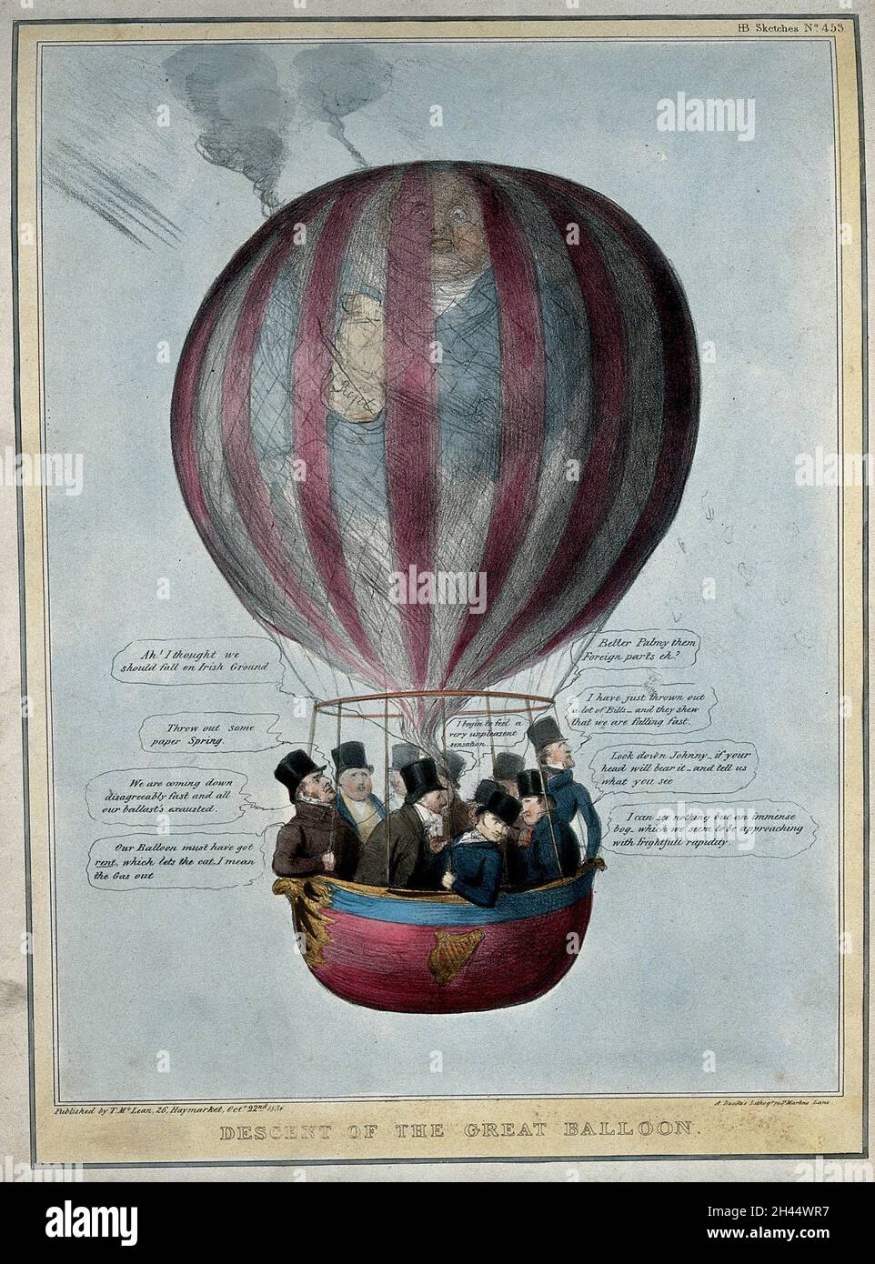 A hot-air balloon with the visage of Daniel O'Connell carrying a basket ...