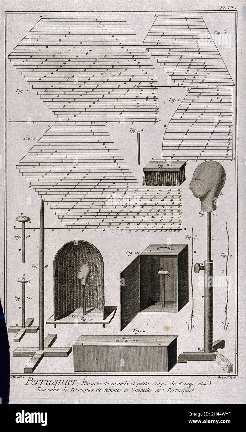 Wig patterns, boxes and stands. Engraving by R. Bénard after J.R ...