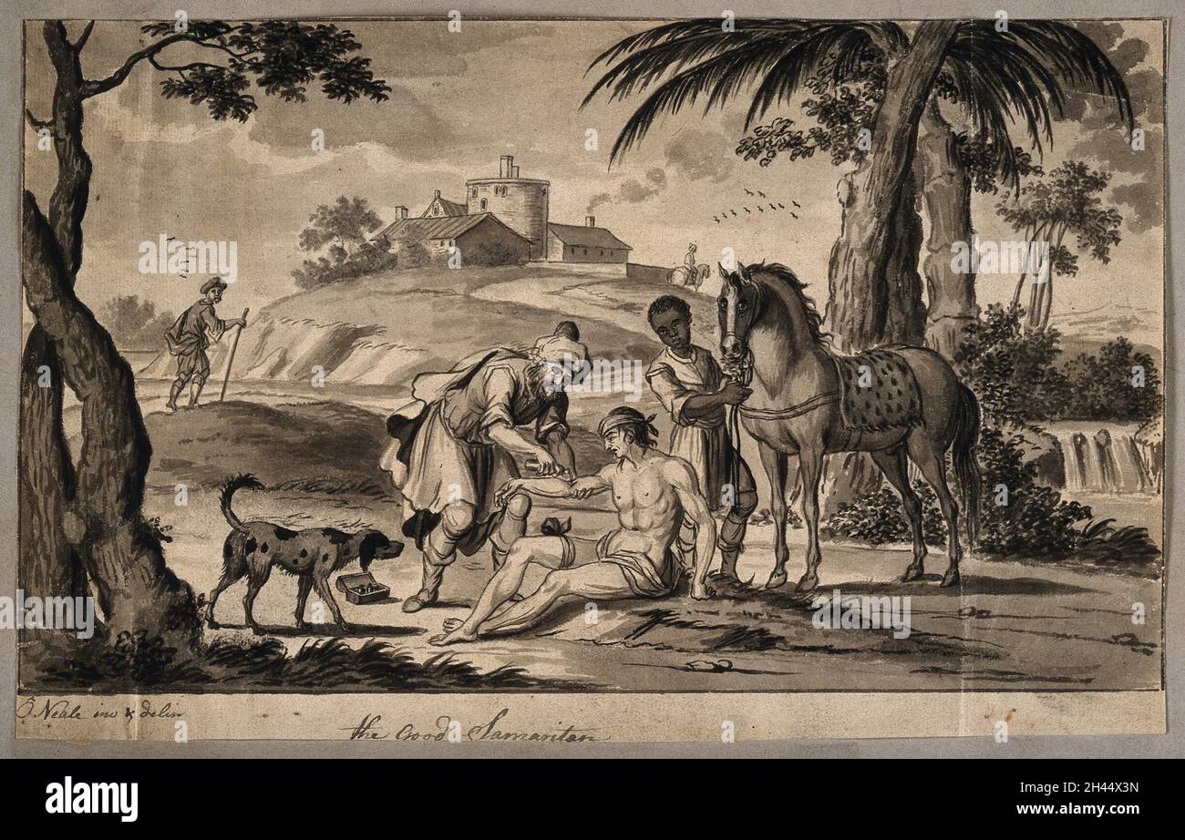 The good Samaritan stopping to help treat a wounded man. Drawing by ...