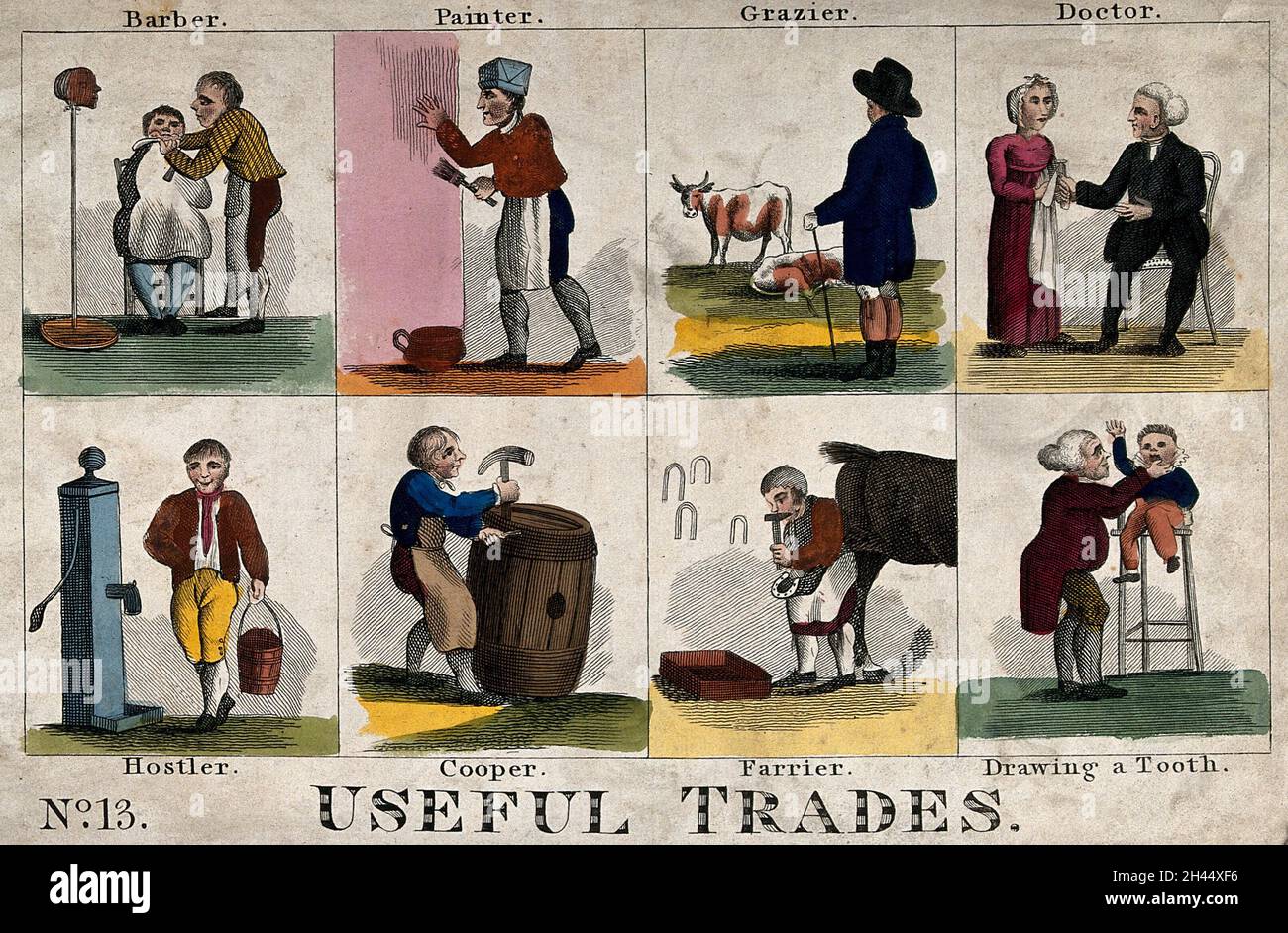 Men and women performing various trades and professions. Coloured ...