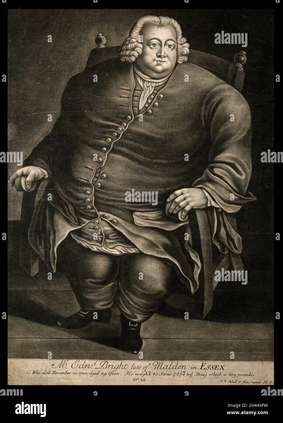 Edward Bright, a man weighing forty three and a half stone. Mezzotint ...