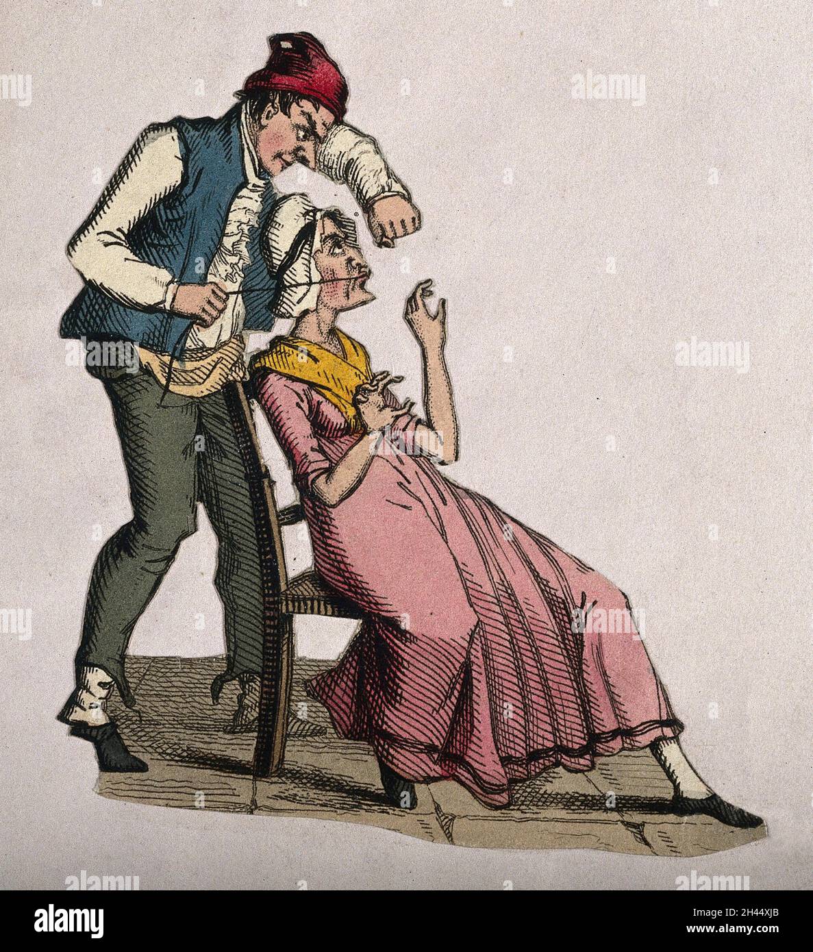 A tooth-drawer using a cord to extract a tooth from a seated female ...