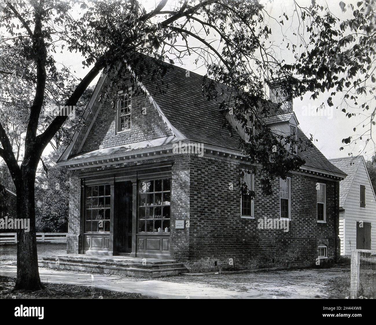 The exterior of a small brick building used as an apothecary shop by Dr ...