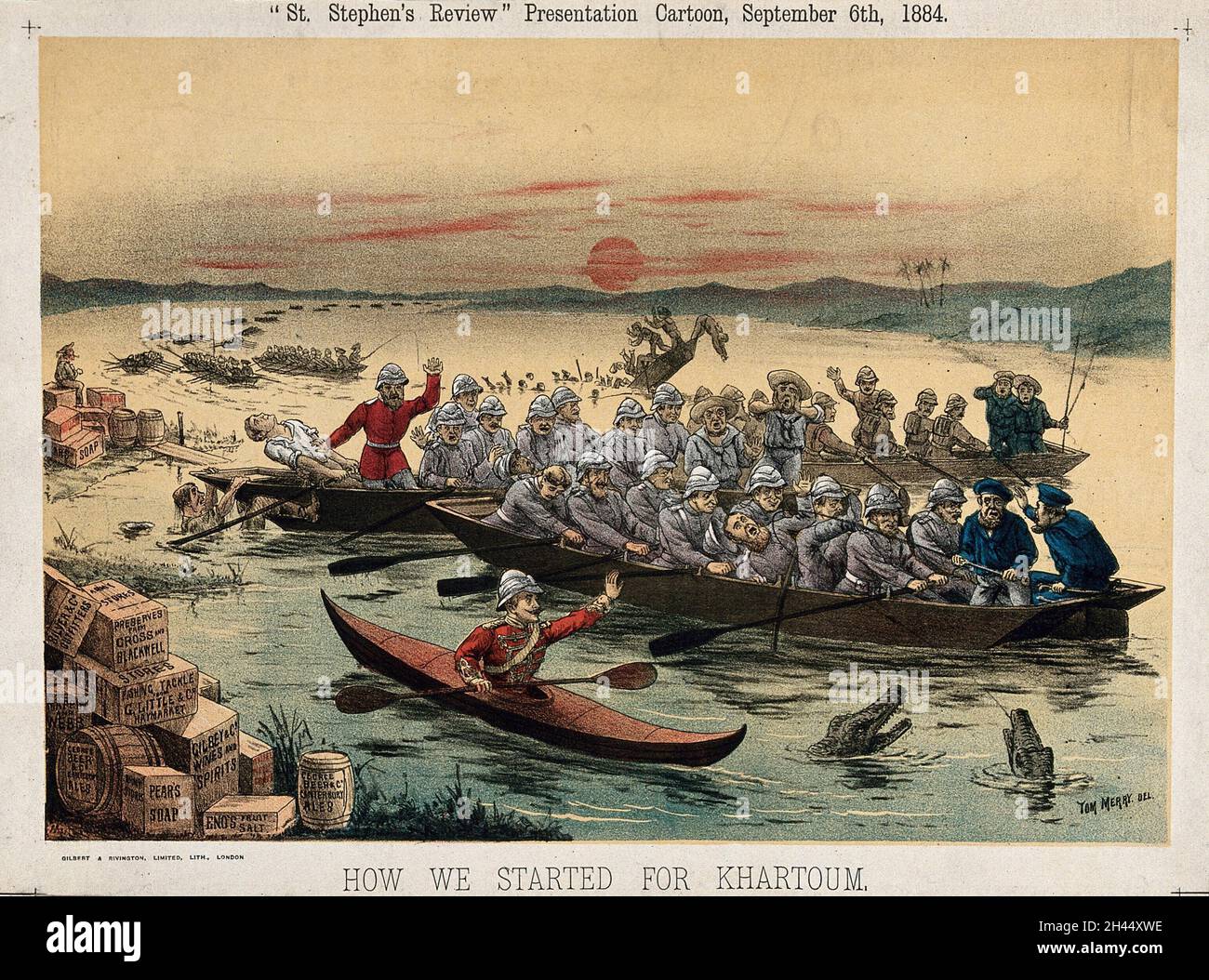 Men on barges heading towards Khartoum, Sudan. Colour lithograph by Tom ...