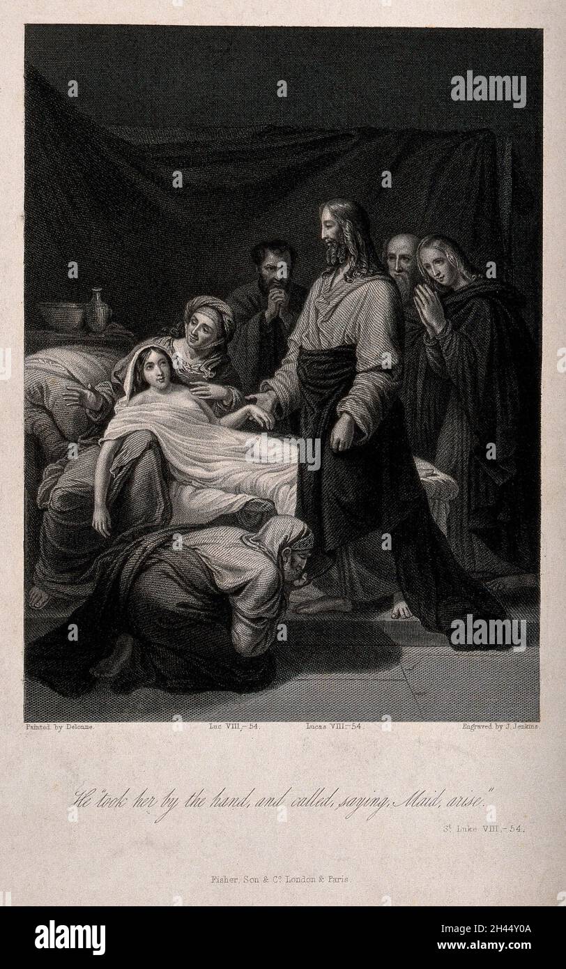 Christ raises Jairus' daughter; Jairus kisses Christ's foot. Stipple ...