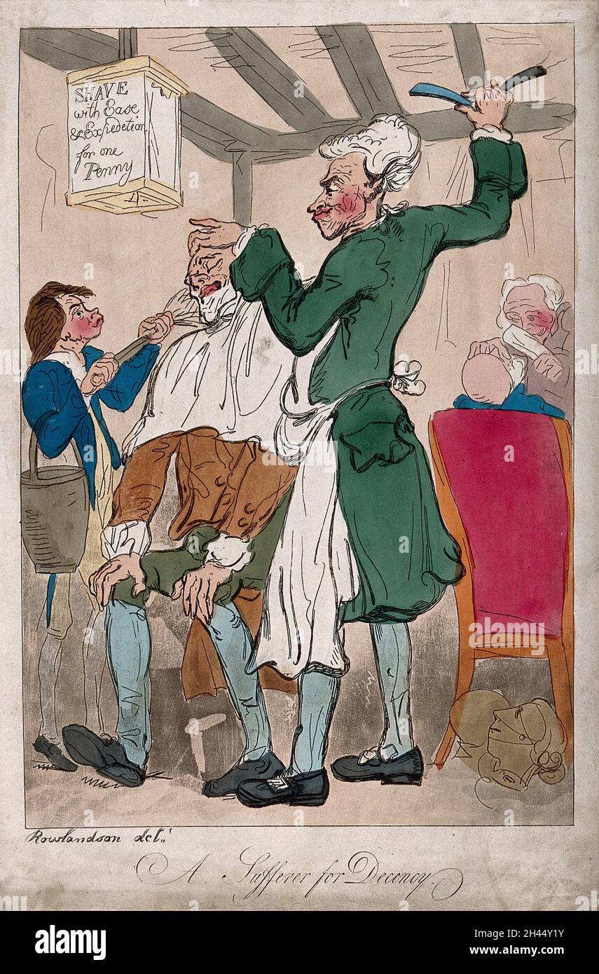 A penny-barber preparing to shave a seated customer who is being ...