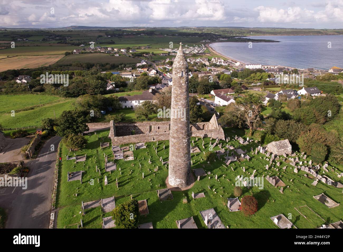 Drone image of the Monastic round tower in Ardmore, County Waterford ...