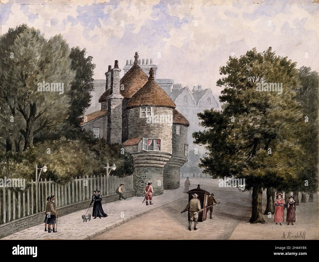 Queen Mary's Bath house, Edinburgh, Scotland. Watercolour drawing by W ...