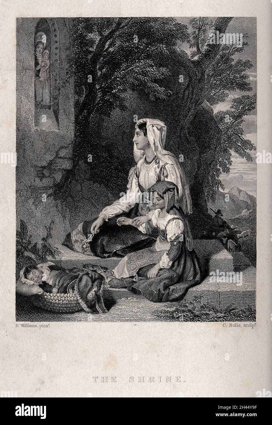 A young mother with her children in religious contemplation before a ...