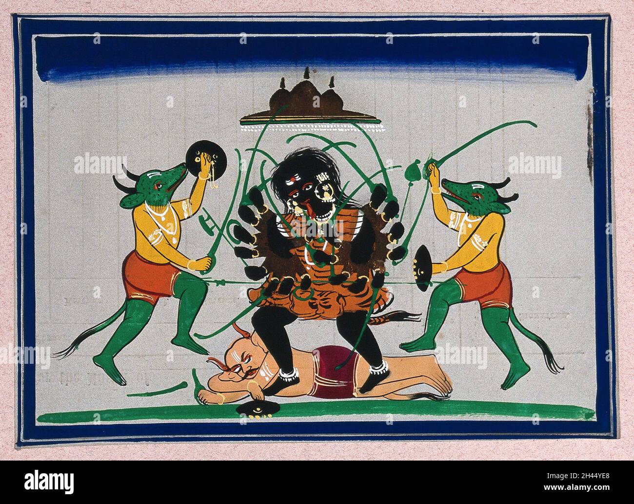 Kali Ma, a ferocious form of Durga Devi fighting the demons. Gouache ...