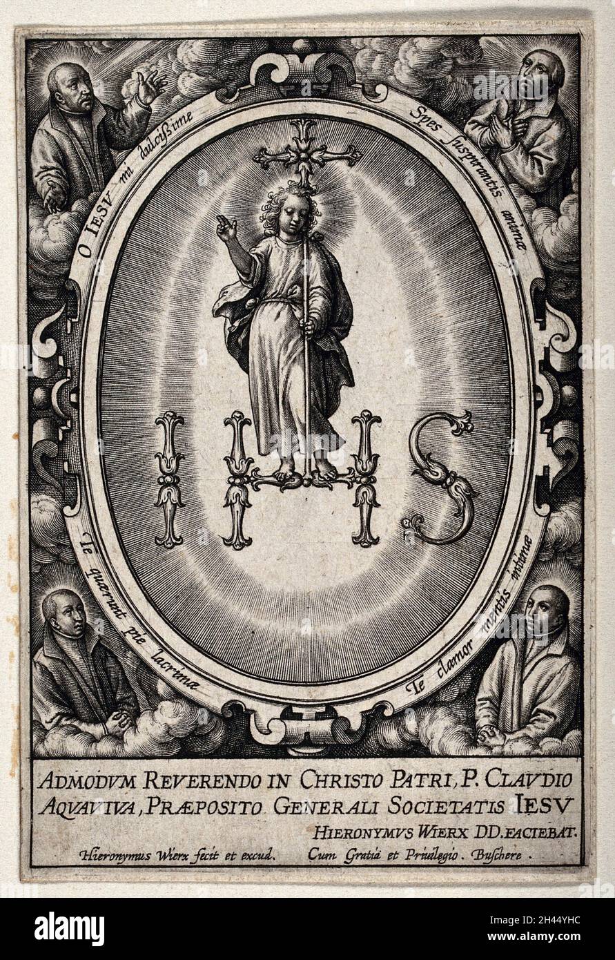 Christ standing within the monogram of the name of Jesus. Engraving by ...