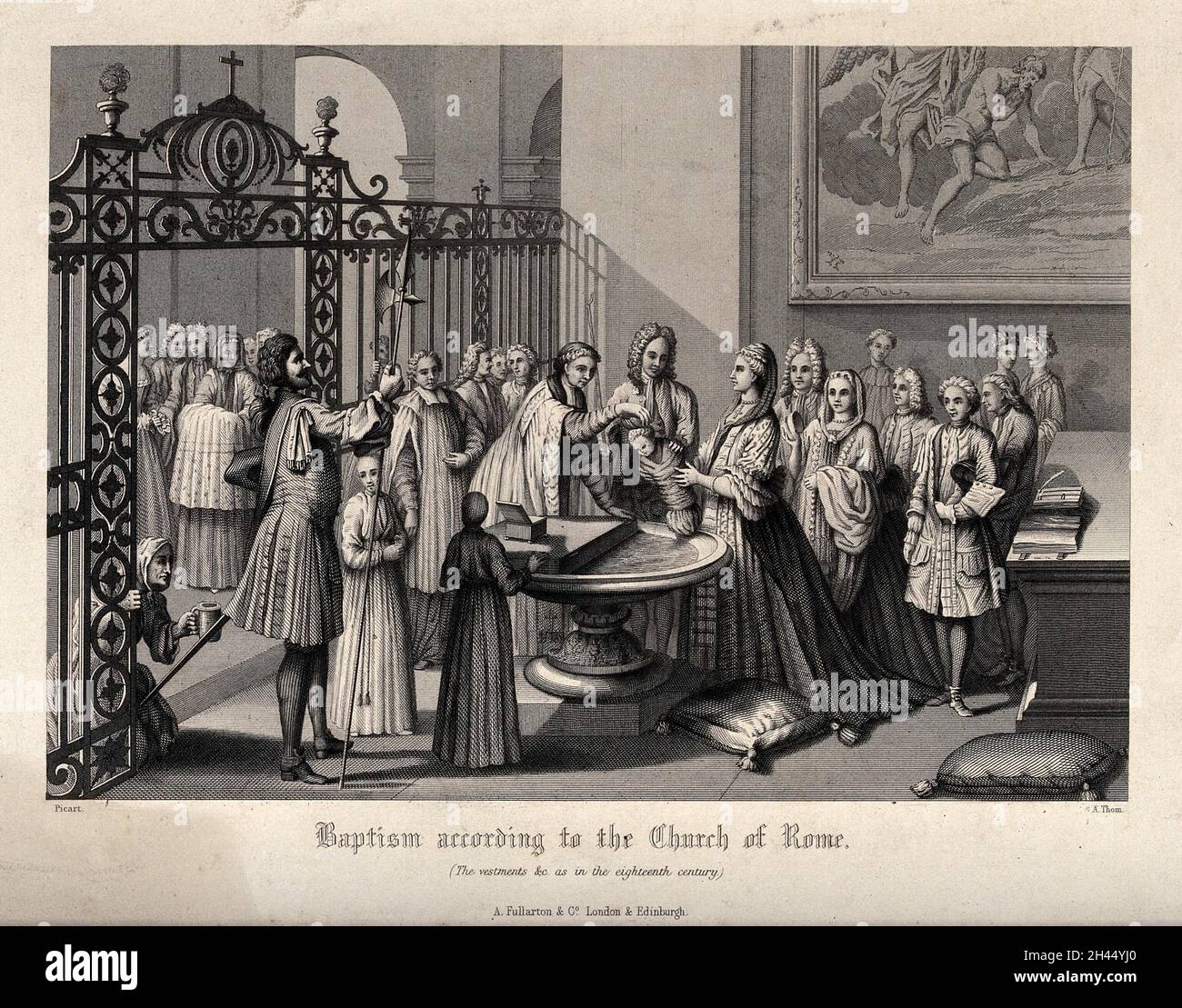 A baptism according to the Roman Catholic rite. Engraving by A. Thom ...