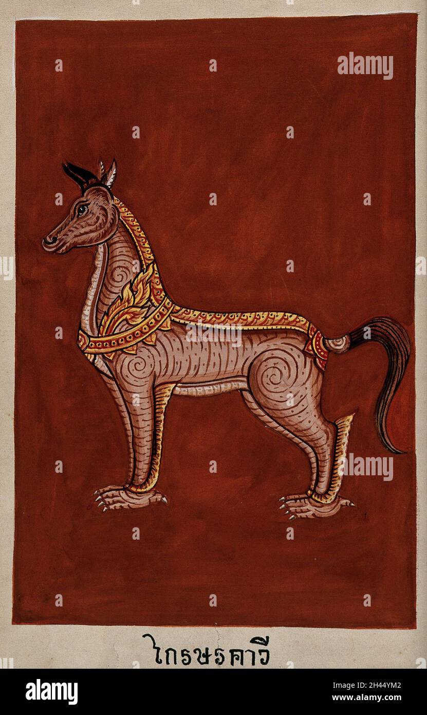 A monstrous four-footed creature with a horse-like head and feline ...