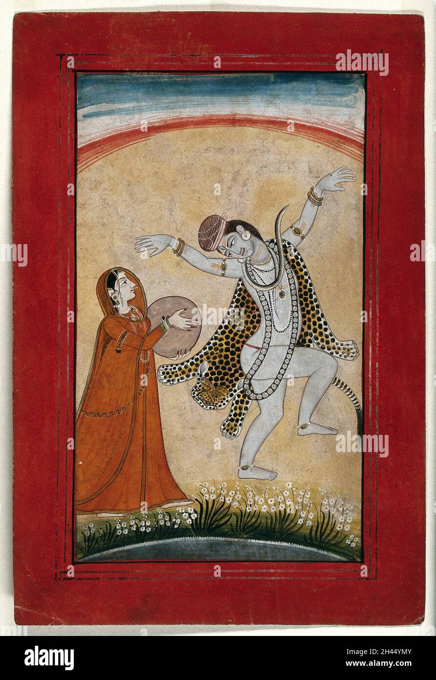 Shiva dances as Parvati plays the music. Gouache painting by an Indian ...