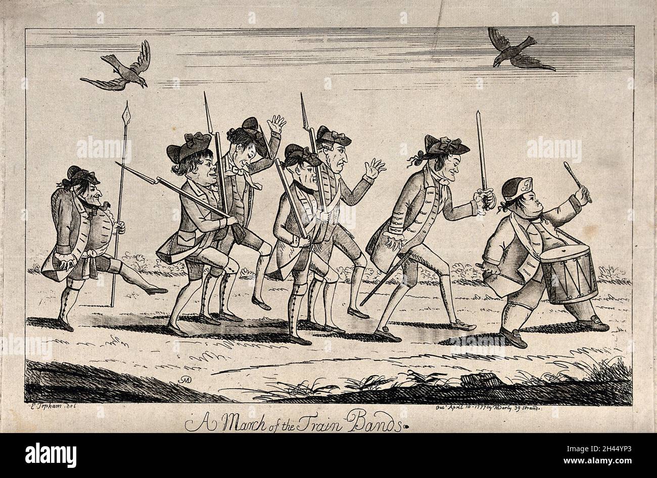 A band of militiamen in uniform marching in a disorderly manner, headed ...