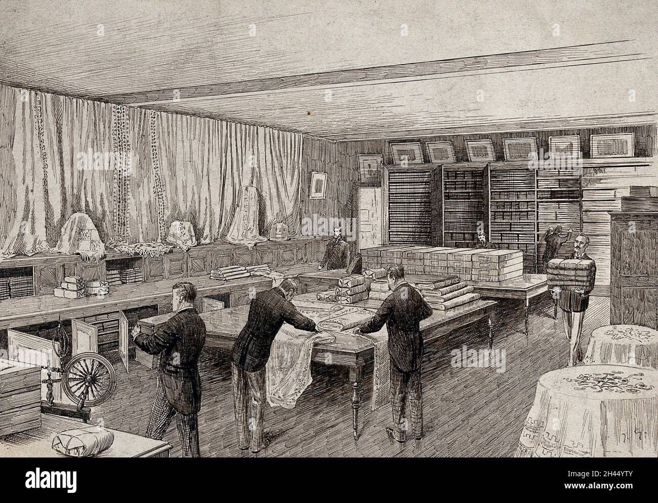 The interior of a draper's shop with figures carrying and measuring ...