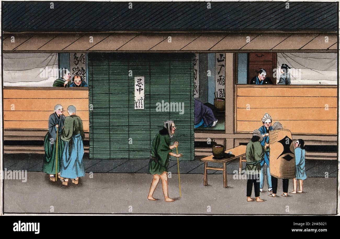 Japanese funeral customs: outside the dead man's house. Watercolour, ca ...