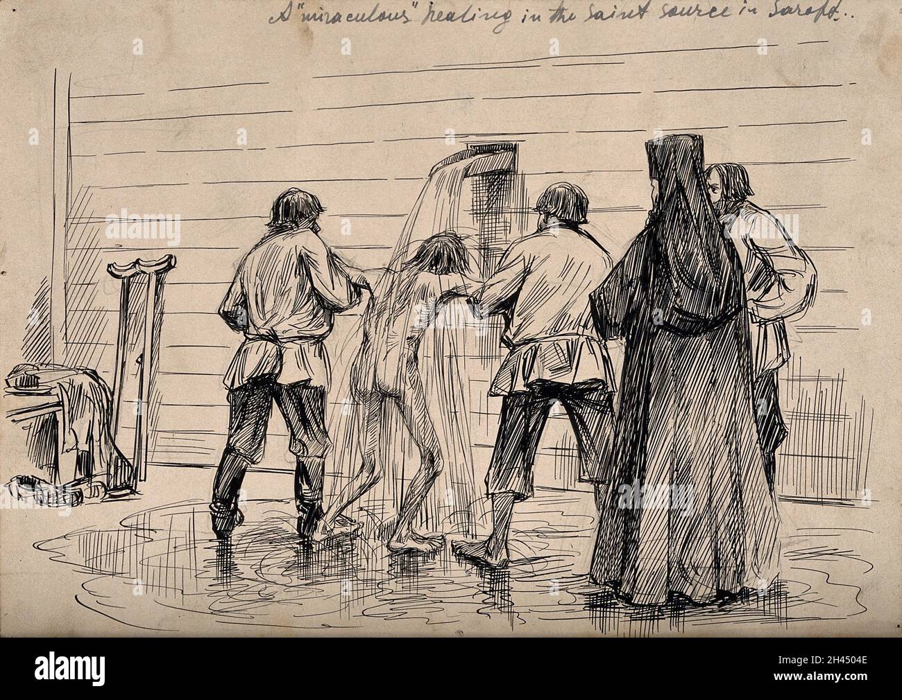 A lame man being doused in water from a holy spring to procure a ...