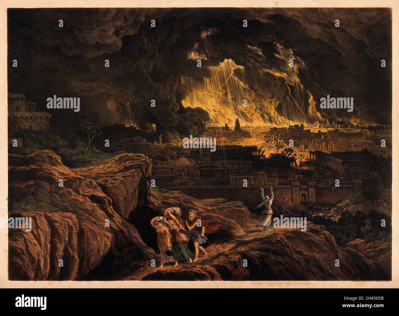 Lot and his family flee Sodom as it burns; Lot's wife faces the ...