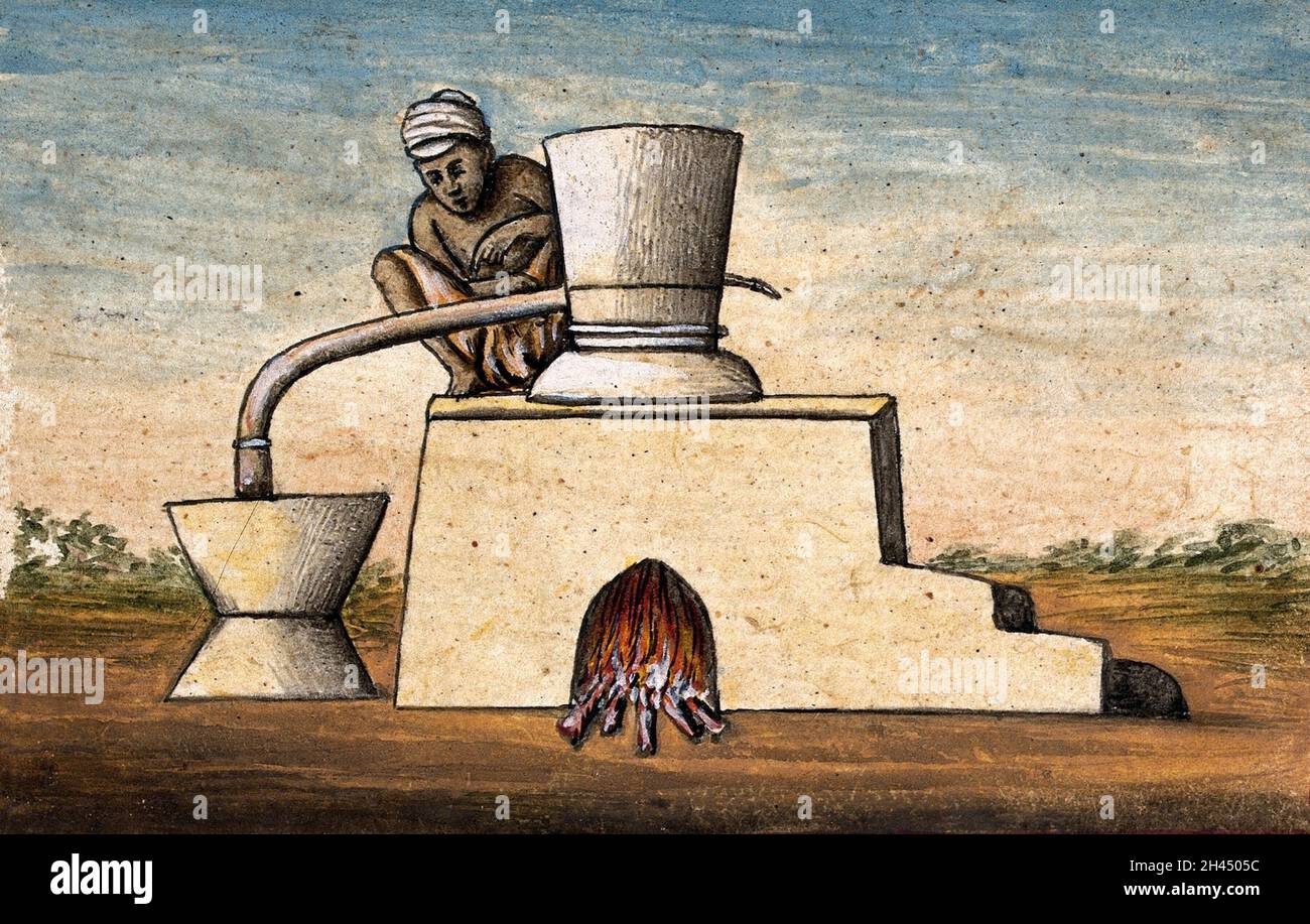 A man sitting on top of a device for cooking (?). Gouache painting by ...