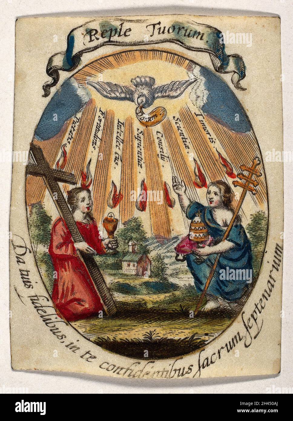 Faith and a female personification of the papacy before a small church ...