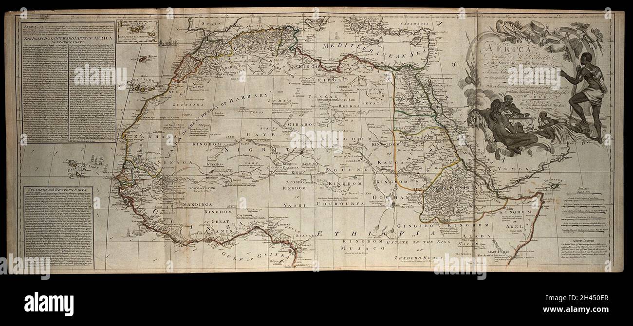 Map of Northern Africa; African people in a rococo frame on the upper ...