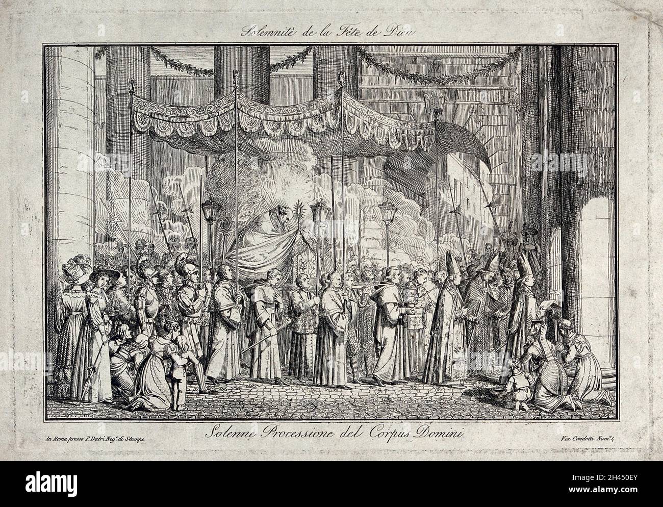 A papal Corpus Christi procession in Rome. Etching by Sal. Baratti ...