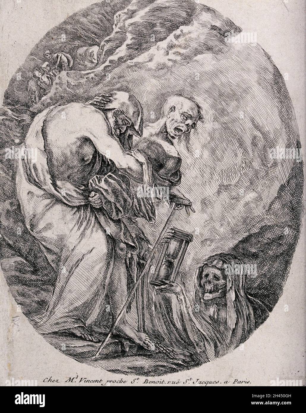 Figures of Death lead an old and blind man over a cliff. Etching Stock ...