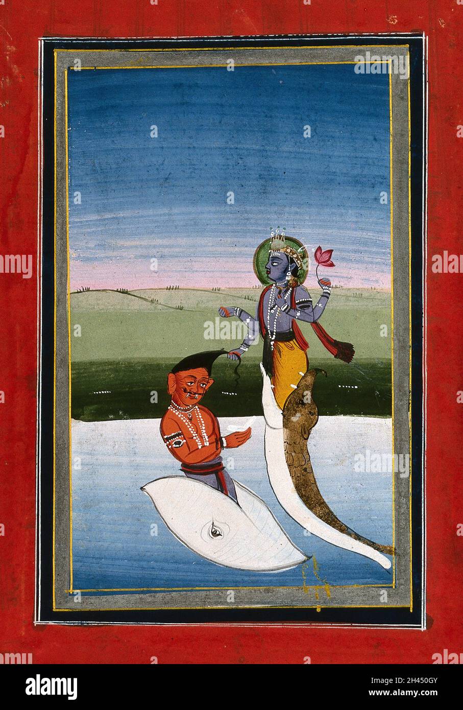 Vishnu in his incarnation of Matsya fighting with a demon. Gouache ...