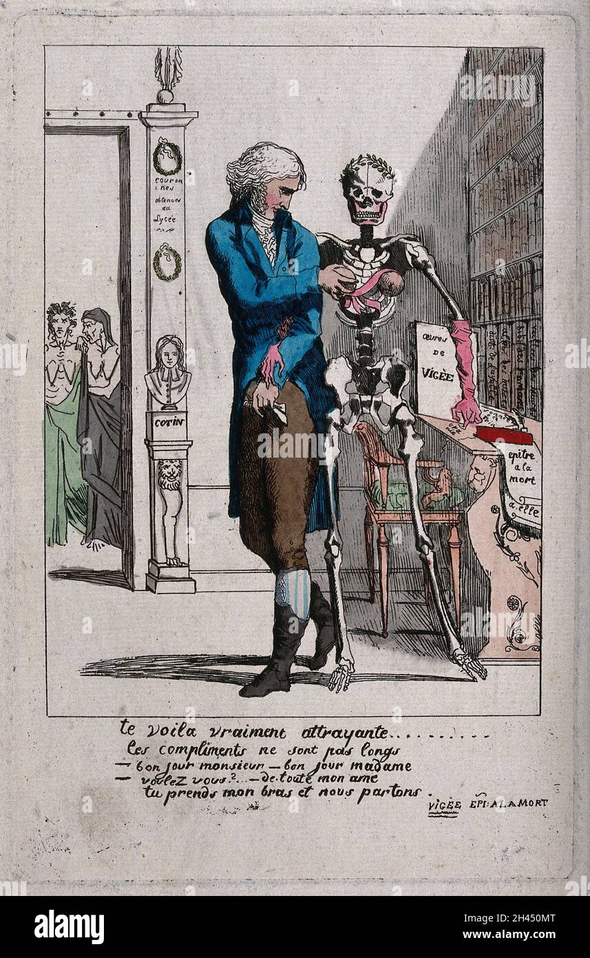 A man with a female skeleton. Etching Stock Photo - Alamy