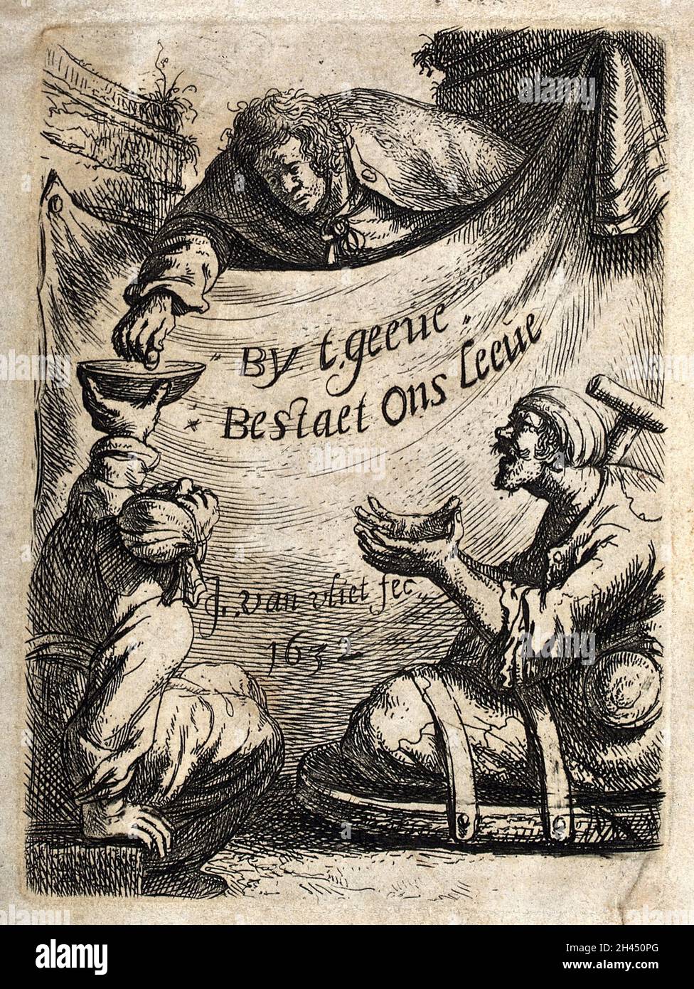 A gentleman giving alms to two lame beggars by leaning over an ...