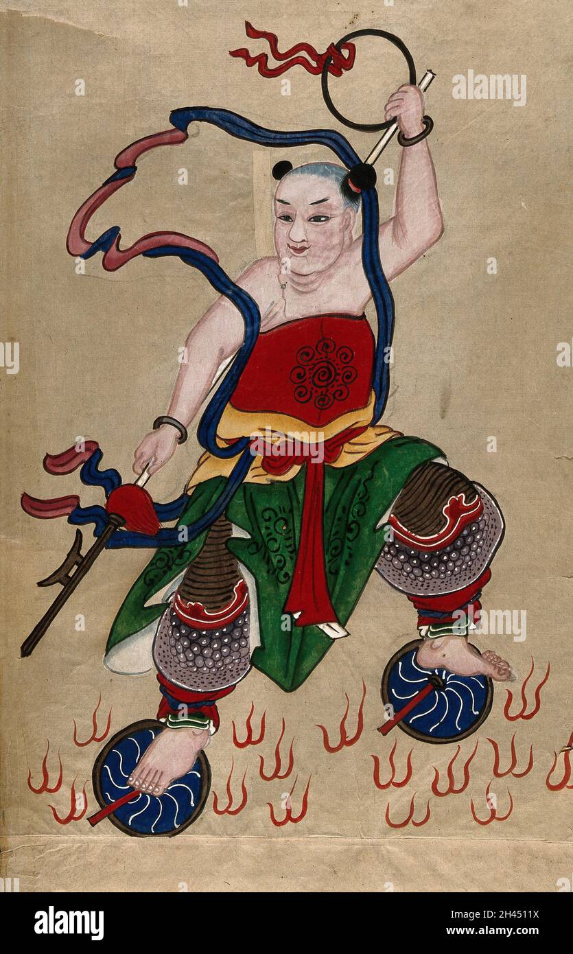 A Chinese deity with spear, walking on fire. Gouache painting by a ...